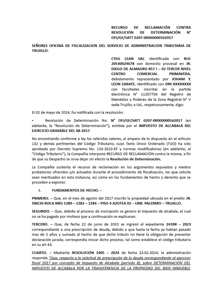 Recurso de Reclamacion Modelo | Descargar gratis PDF | Estatuto de limitaciones | Impuestos