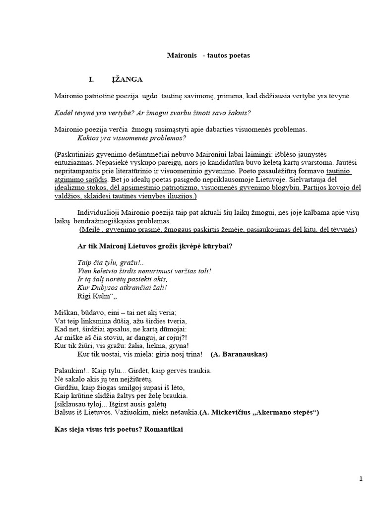 Maironis. Eil. Analizė | PDF