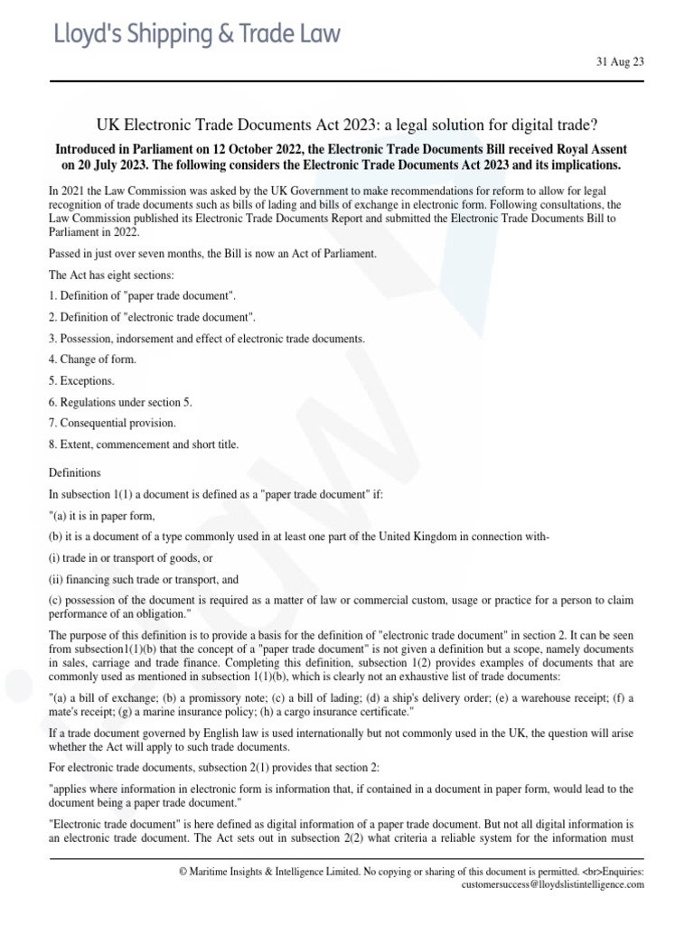 Lloyd's Shipping & Trade Law UK Electronic Trade Documents Act 2023 A ... Lloyd's Shipping & Trade Law UK Electronic Trade Documents Act 2023 A ...