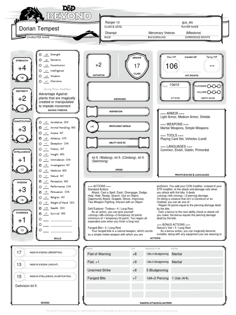 Dorian Tempest Lv10 Dhampir | PDF | Gary Gygax Games | D20 System
