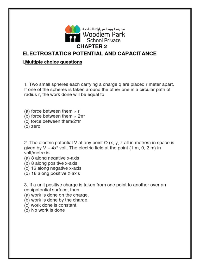 Electrostatic Pitential and Capacitance Practice Sheet Grade 12 | PDF ...