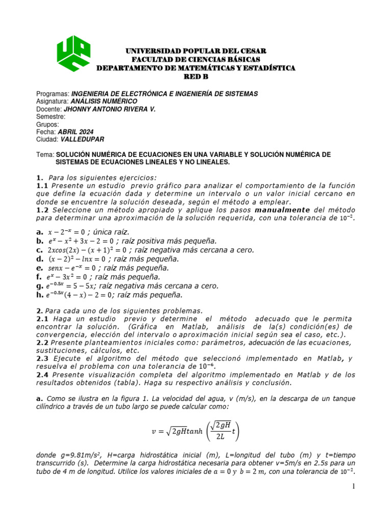 Taller 2 Análisis Numerico Unidad 2-3 Upc 1 2024 | PDF | Análisis numérico | Ecuaciones
