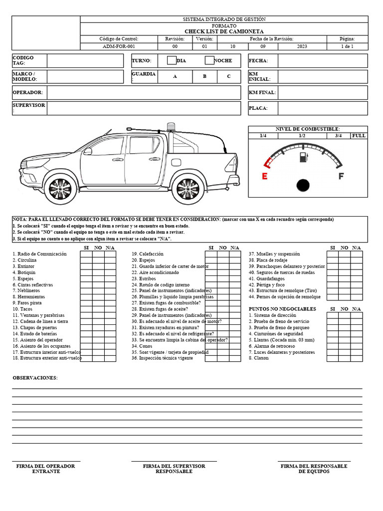 Check List de Camineta | PDF | Vehículo de motor | Coche