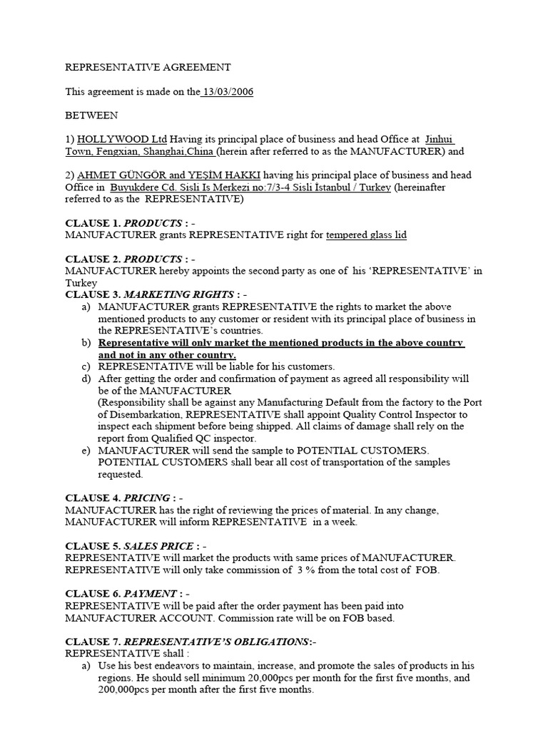 REPRESENTATIVEAGREEMENT Revised | PDF | Business | Economies