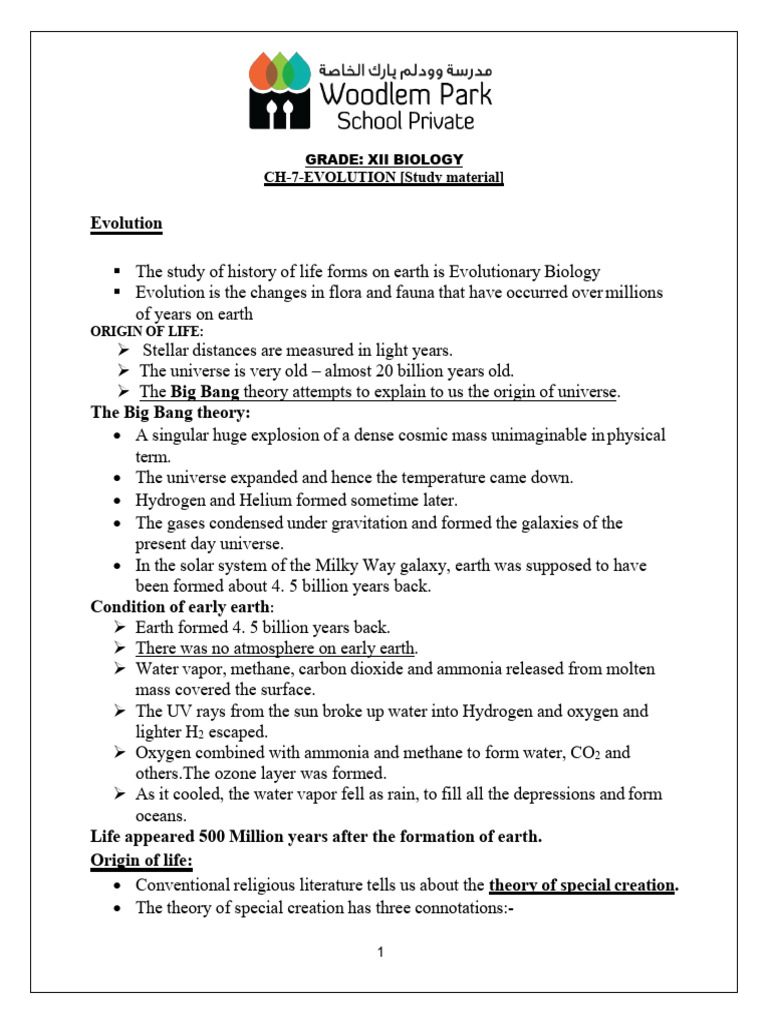 Ch-7-Study Material-2024-25 | PDF | Abiogenesis | Evolution