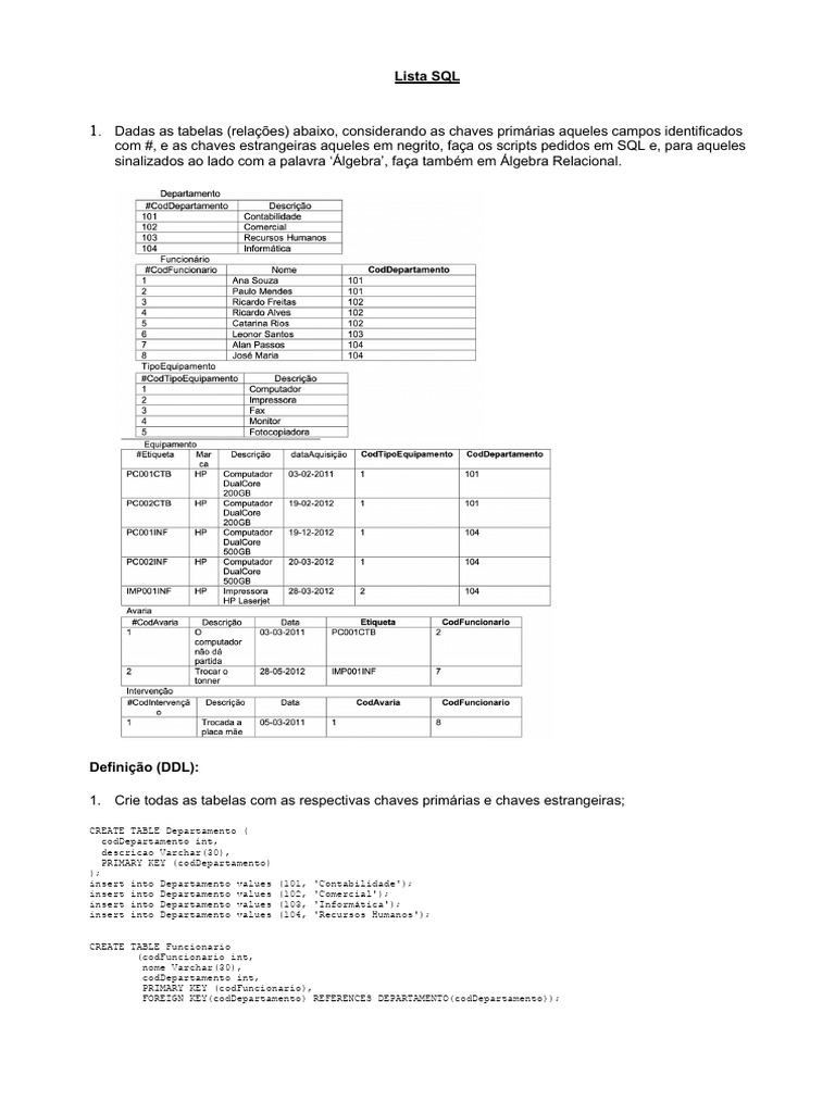 ListaSQL Gabarito | PDF | Software de gerenciamento de dados | Bancos de dados