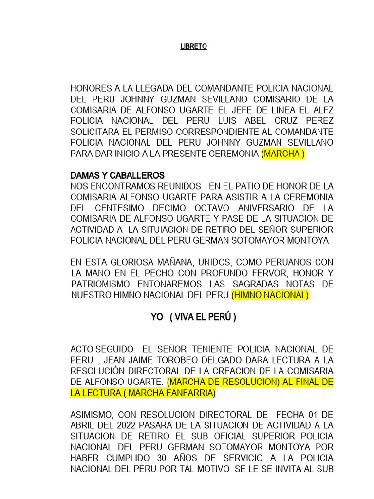 Modelo Ceremonia de La Comisaria Alfonso Ugarte | PDF | Policía | Militar