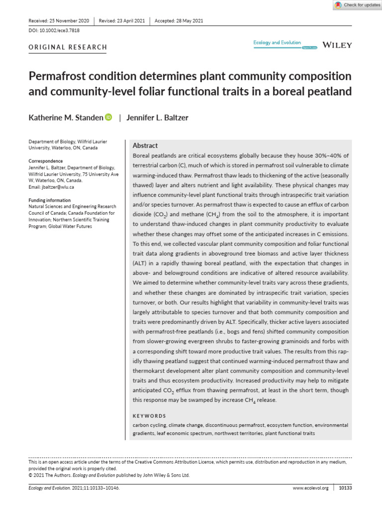 Ecology and Evolution - 2021 - Standen - Permafrost Condition Determines Plant Community ...