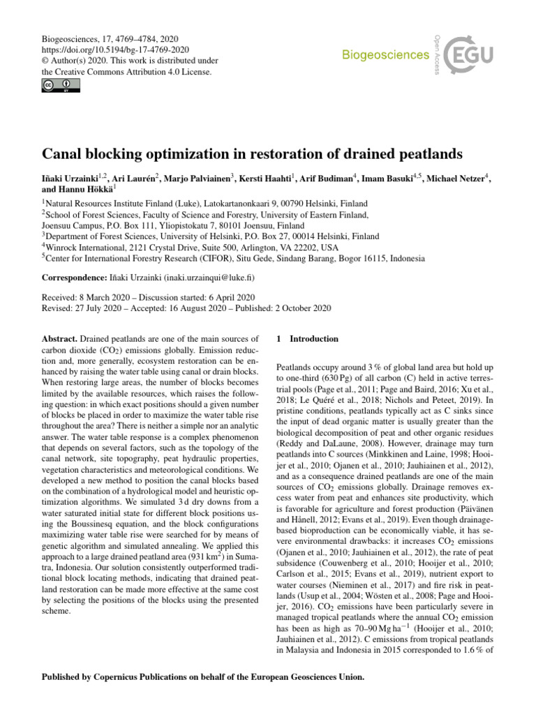 Canal Blocking Optimization In Restoration Of Drained Peatlands Pdf Peat Hydrology