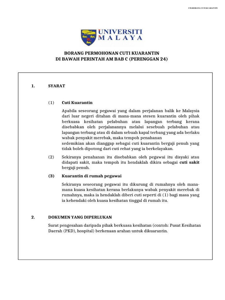 Borang Cuti Kuarantin Terkini | PDF
