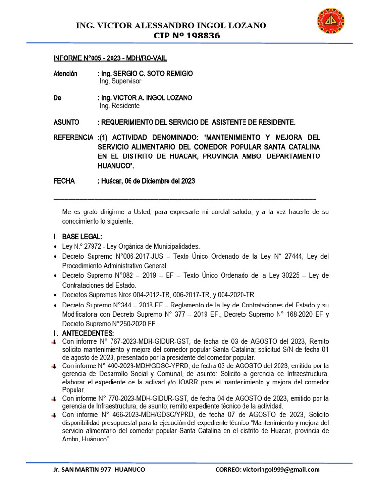 Informe #005-2023 Requerimiento Del Servicio de Asistente de Residente | PDF | Derecho privado ...