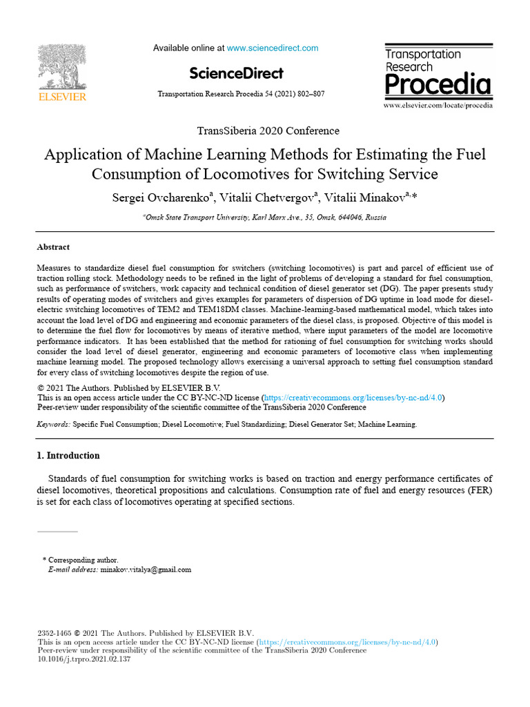 Application of Machine Learning Methods For Estimating The Fuel Consumption of Locomotives For ...