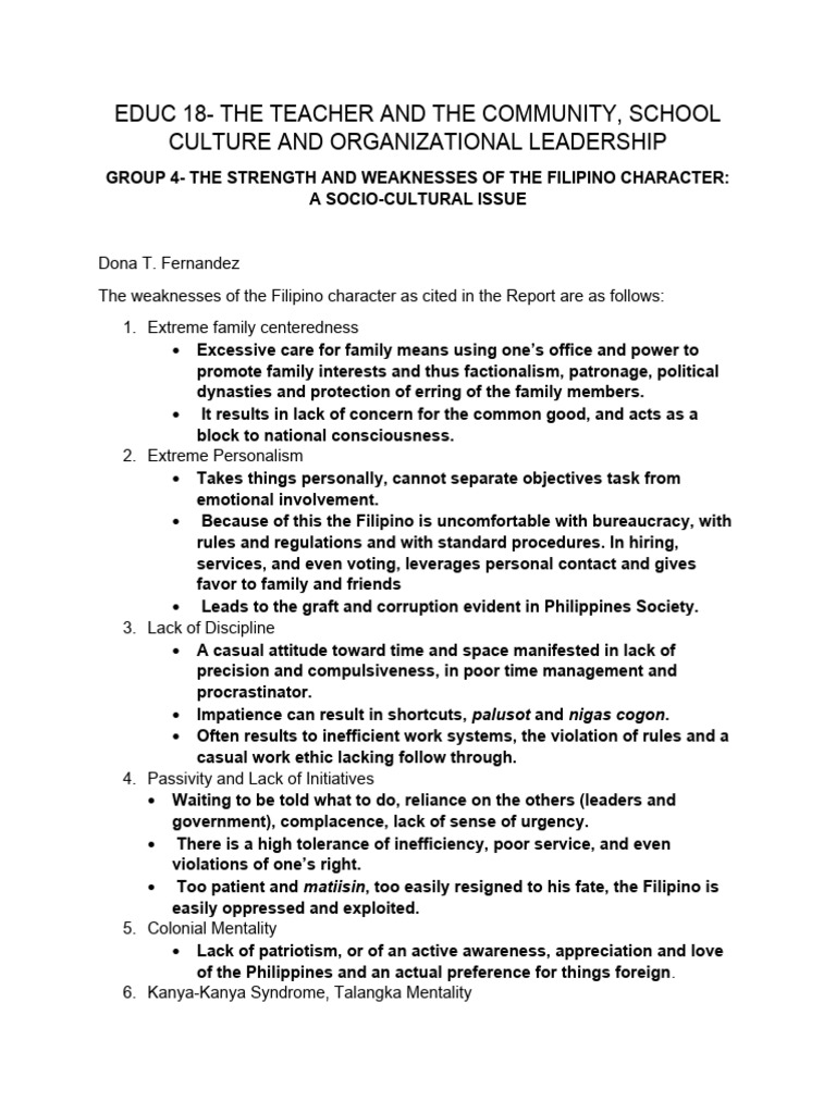 Group 4 Strength and Weaknesses of The Filipino Character A Socio ...