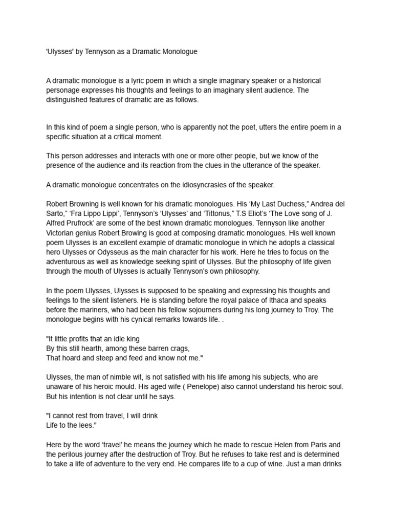 'Ulysses' by Tennyson As A Dramatic Monologue | PDF | Poetry | General ...