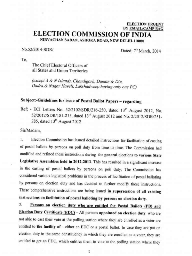 Guidelines For Issue of Postal Ballot Papers. | PDF