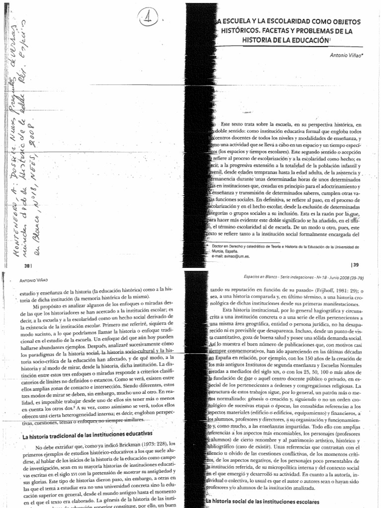 1 Viñao, La Escuela y Escolaridad Como Objetos Historicos Facetas y Problemas de La Historia de ...