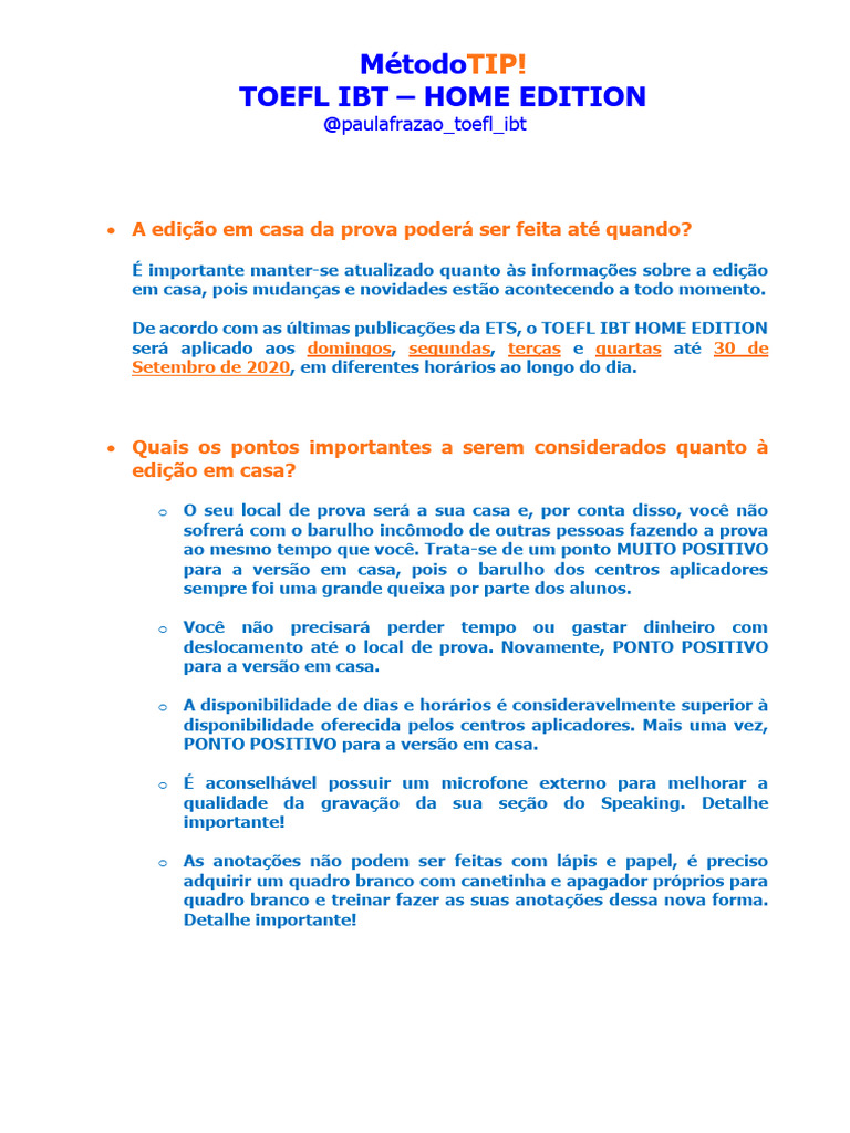 TOEFL IBT Home Edition: Informações Essenciais | PDF