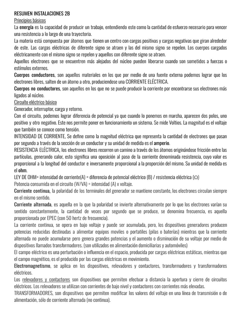 RESUMEN INSTALACIONES 2B | PDF | Corriente eléctrica | Energia electrica