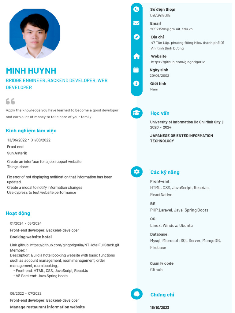 CV Minh Huynh - CV lập trình-TopCV.vn | PDF | My Sql | Software