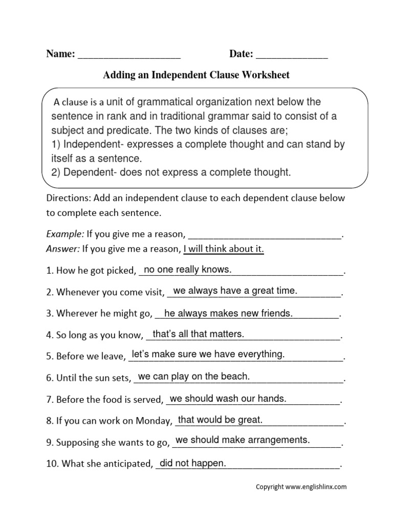 Adding Independent Clause Worksheet | PDF