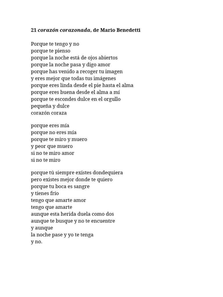 Poema Corazonada Mario VENEDETI | PDF