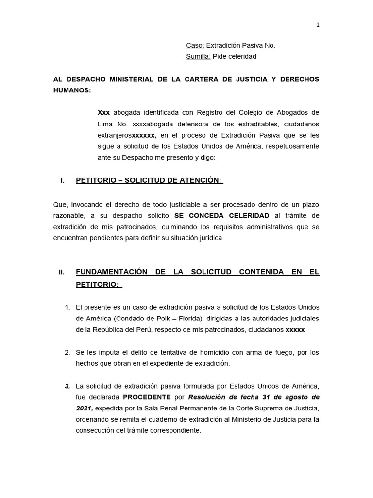 Escrito Celeridad en Extradición | PDF | Debido al proceso | Justicia