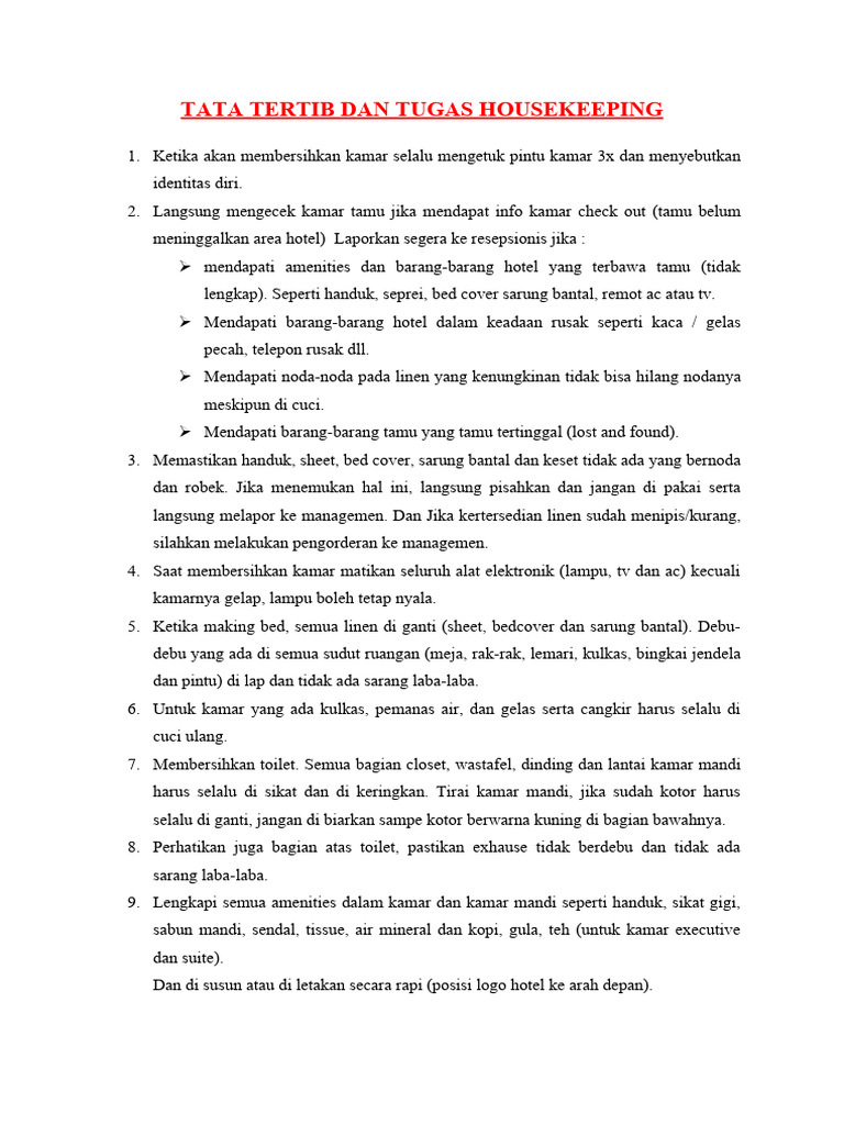 Tugas dan Tata Tertib Housekeeping Hotel | PDF