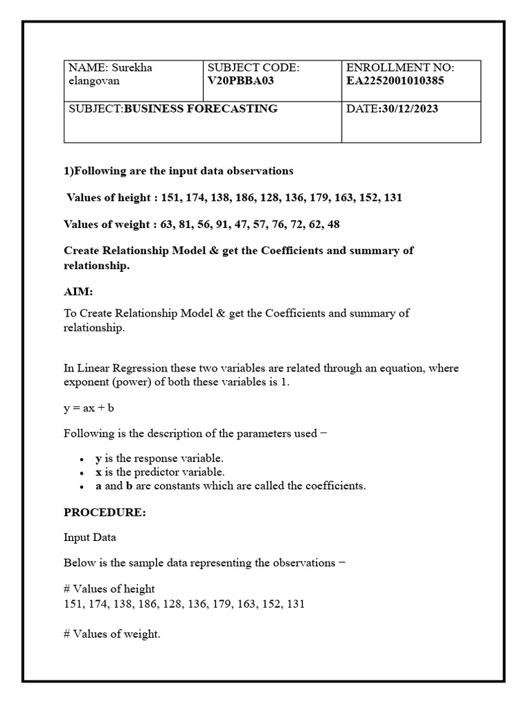 Linear Regression: Height vs Weight | PDF | Linear Regression ...