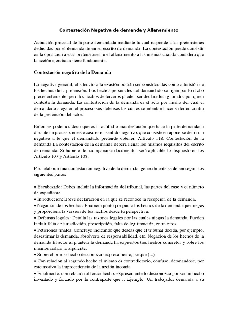 Contestación Negativa de demanda y Allanamiento | PDF | Demanda ...