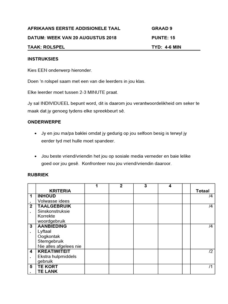 Rolspel Graad 9 2018 | PDF