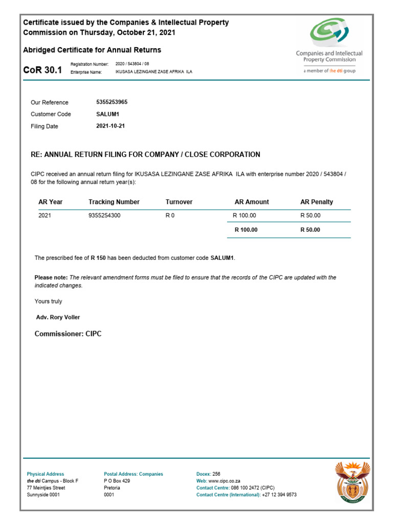 Certificate Issued by The Companies & Intellectual Property Commission ...