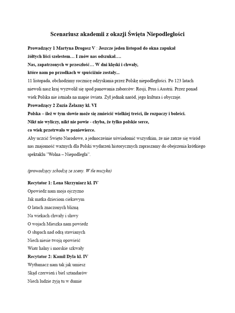 Scenariusz Akademii z Okazji Święta Niepodległości (2) | PDF