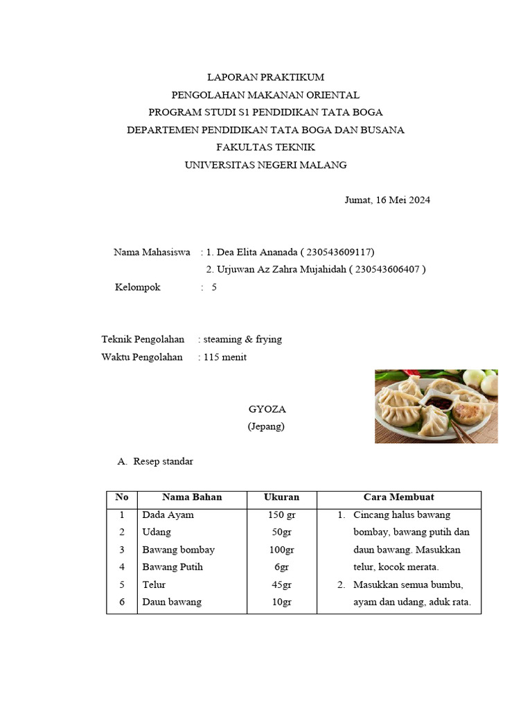 Resep Gyoza: Praktikum Pengolahan Makanan | PDF | Memasak, Makanan ...