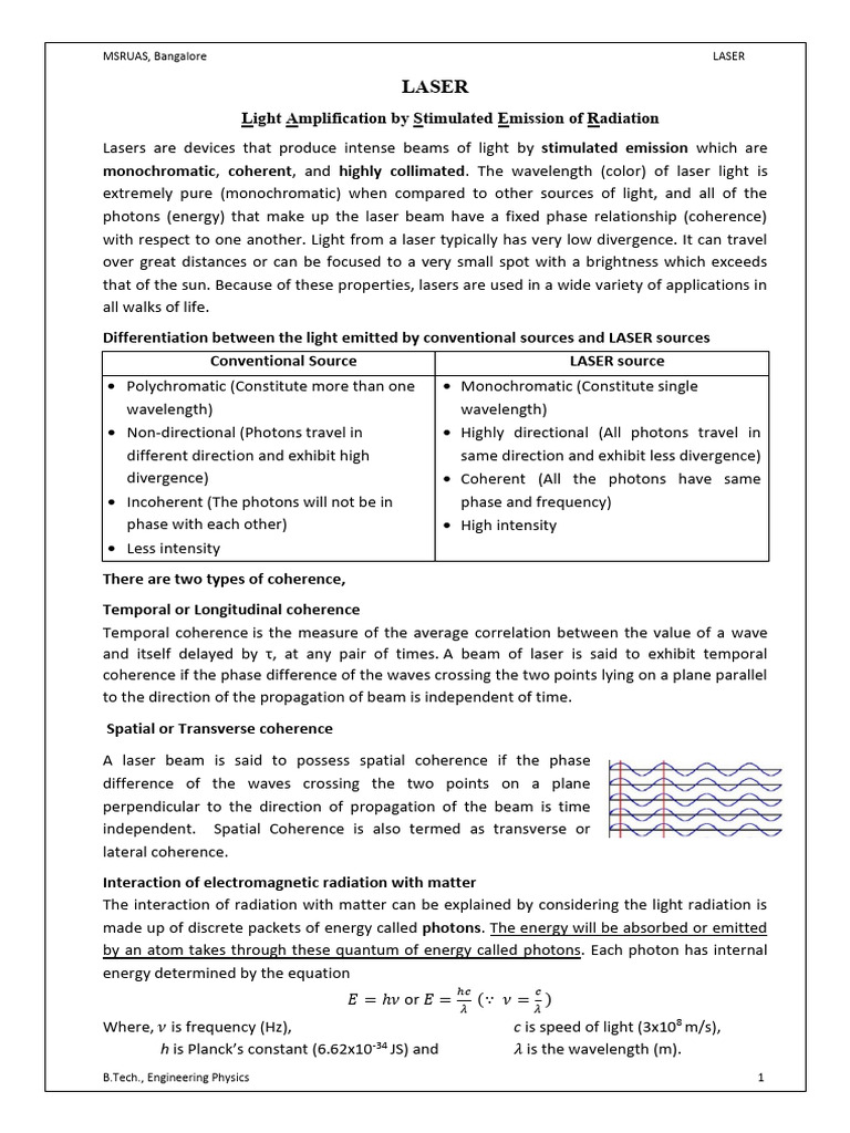 5. LASER Lecture Notes | PDF | Laser | Coherence (Physics)