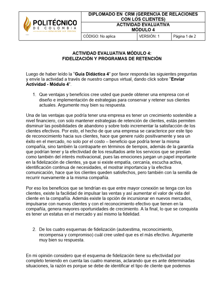 Actividad Modulo 4 Diplomado en CRM | PDF | Cliente | Business