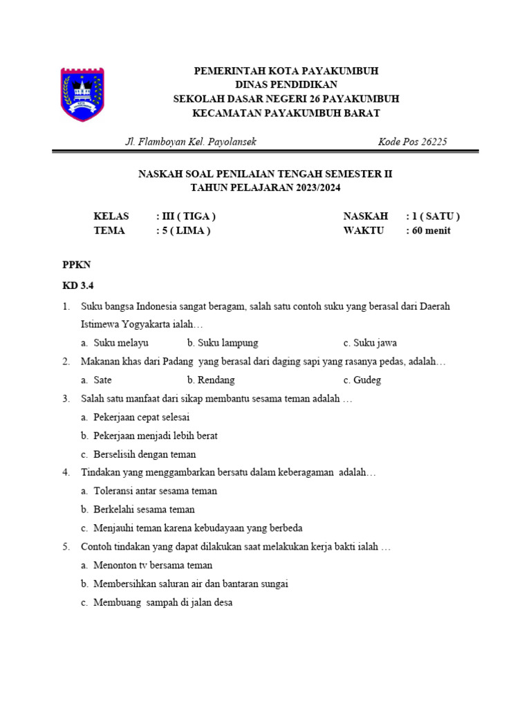 Soal PTS Tema 5 2024 | PDF