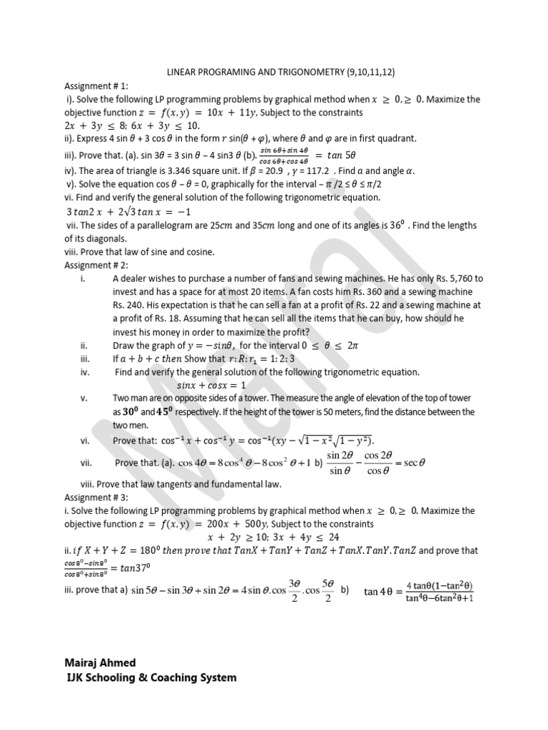 Linear Programing And Trigonometry Pdf Linear Programming Trigonometric Functions