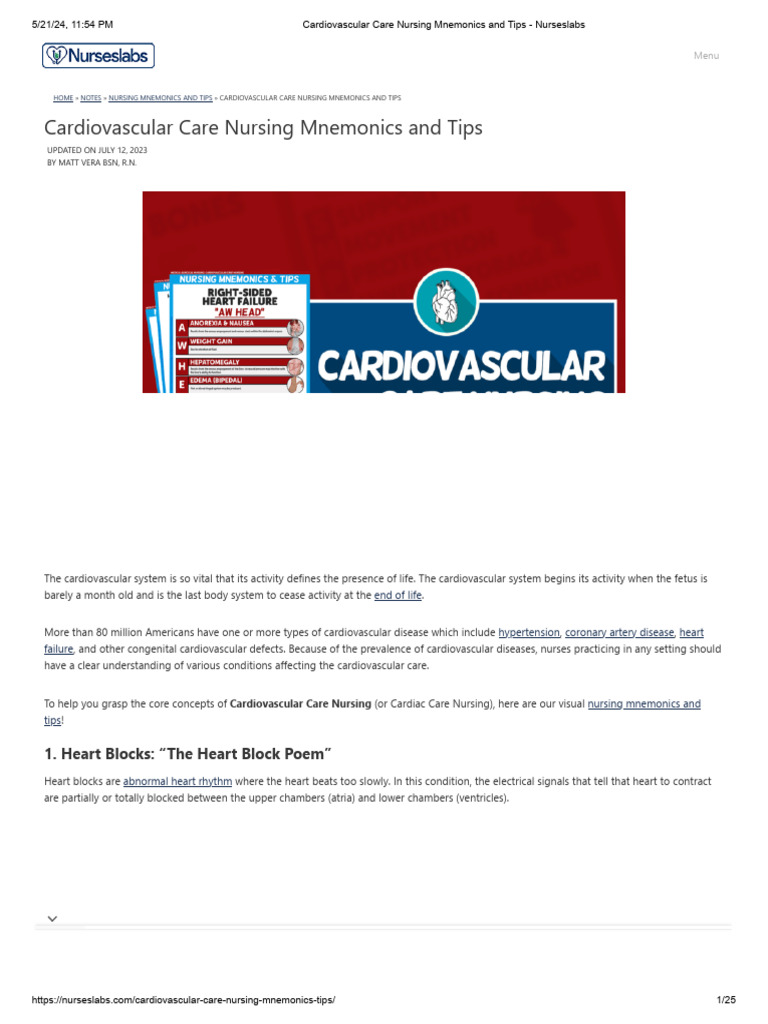 Cardiovascular Care Nursing Mnemonics and Tips | PDF | Heart ...