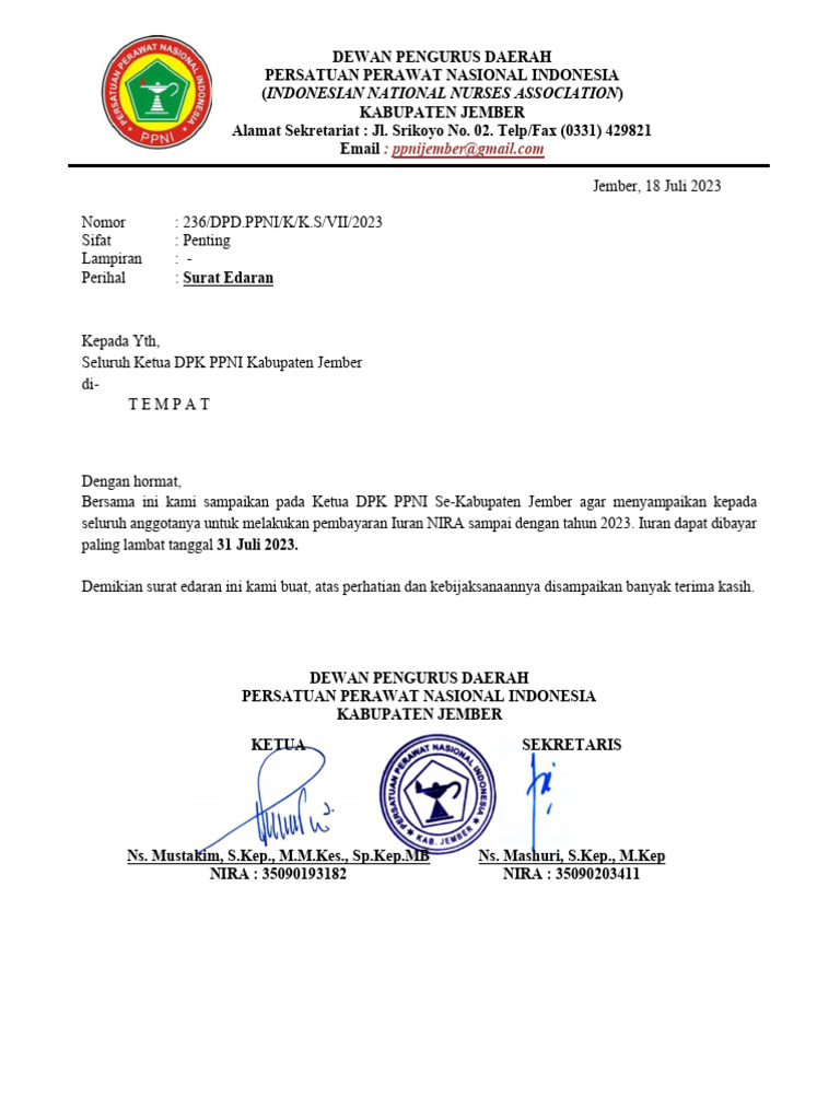 Surat Edaran Pembayaran Iuran Nira 2023 | PDF