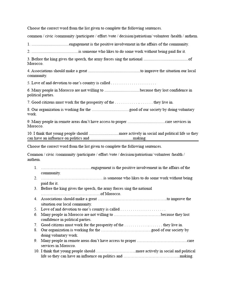 Community Engagement Vocabulary Exercise | PDF