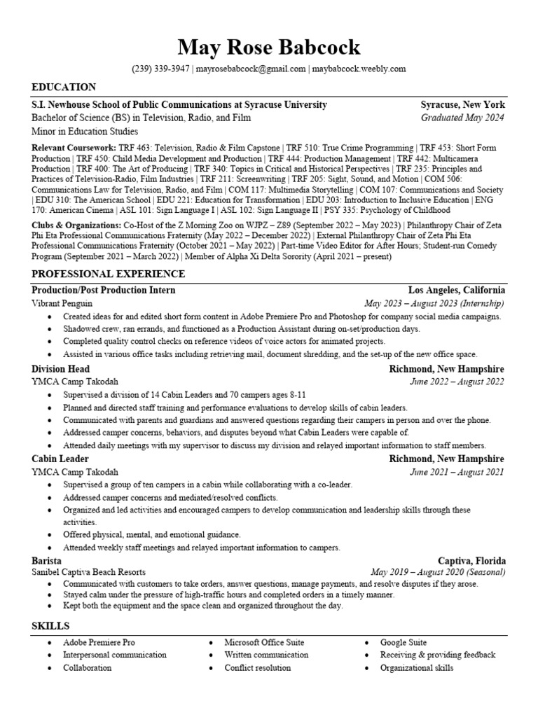 May Babcock - Resume | PDF | Fraternities And Sororities