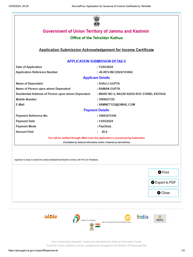 ServicePlus - Application For Issuance of Income Certificate by Tehsildar | PDF