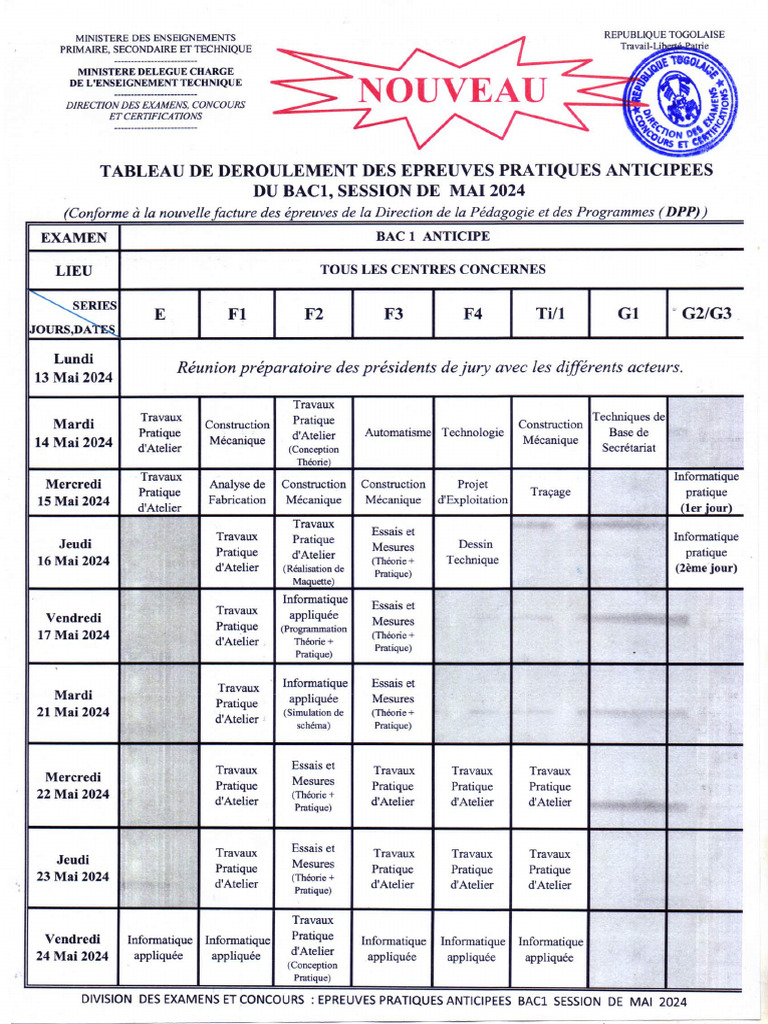 Tableau Epre Anticipées BAC1 24 Nouv | PDF