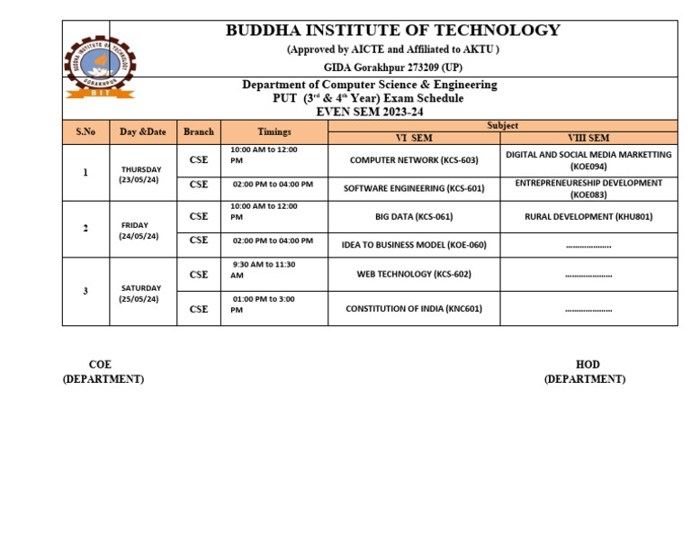 Cse TT Put 3rd & 4th Year | PDF