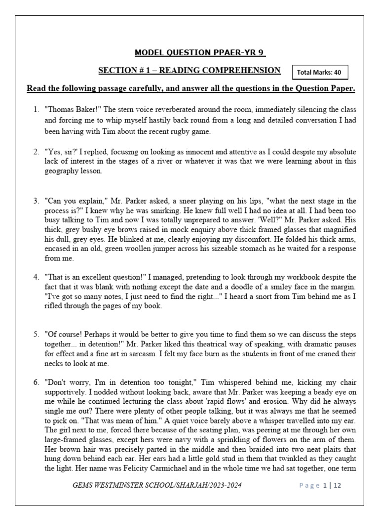 Year 9 Reading Comprehension Test | PDF | Grammar | Linguistics