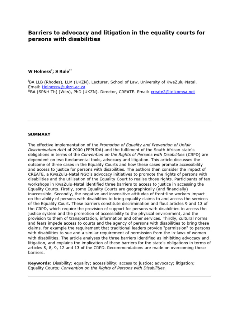 Barriers To Advocacy and Litigation in The Equality Courts For Persons ...