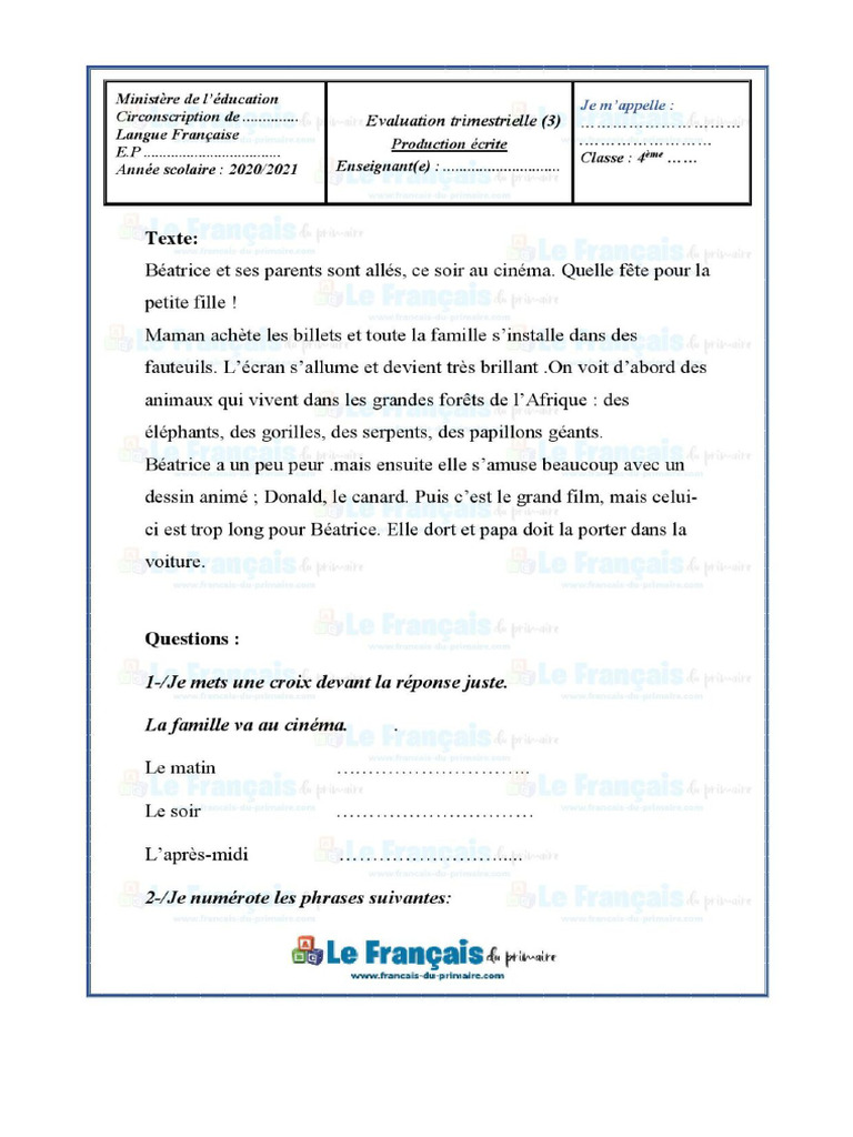 Examen lecture compréhension 4ème année _3ème trimestre _ Le français ...