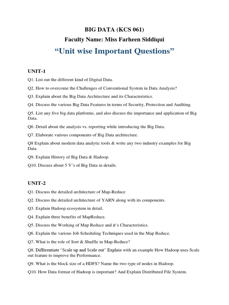 Key Questions on Big Data Concepts | PDF | Apache Hadoop | Map Reduce
