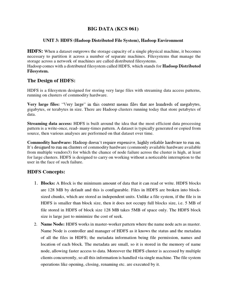 UNIT 3 HDFS, Hadoop Environment Part 1 | PDF | Apache Hadoop | Replication (Computing)