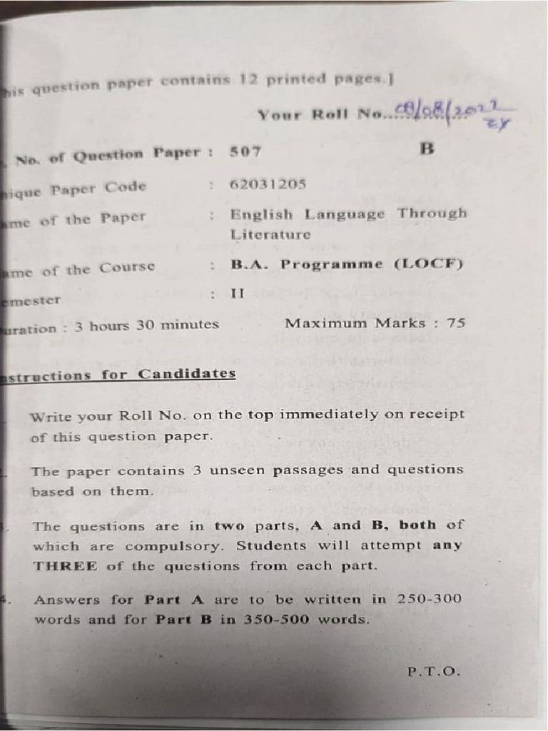 English Language Through Literature Pyq Semester 1 | PDF